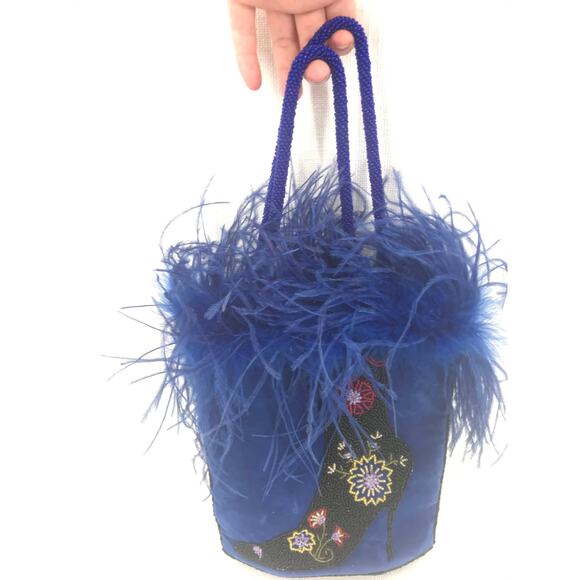 Ermo | Bags | Ermo Beaded Blue Heels Shoe Ostrich Feather Totes Bucket ...